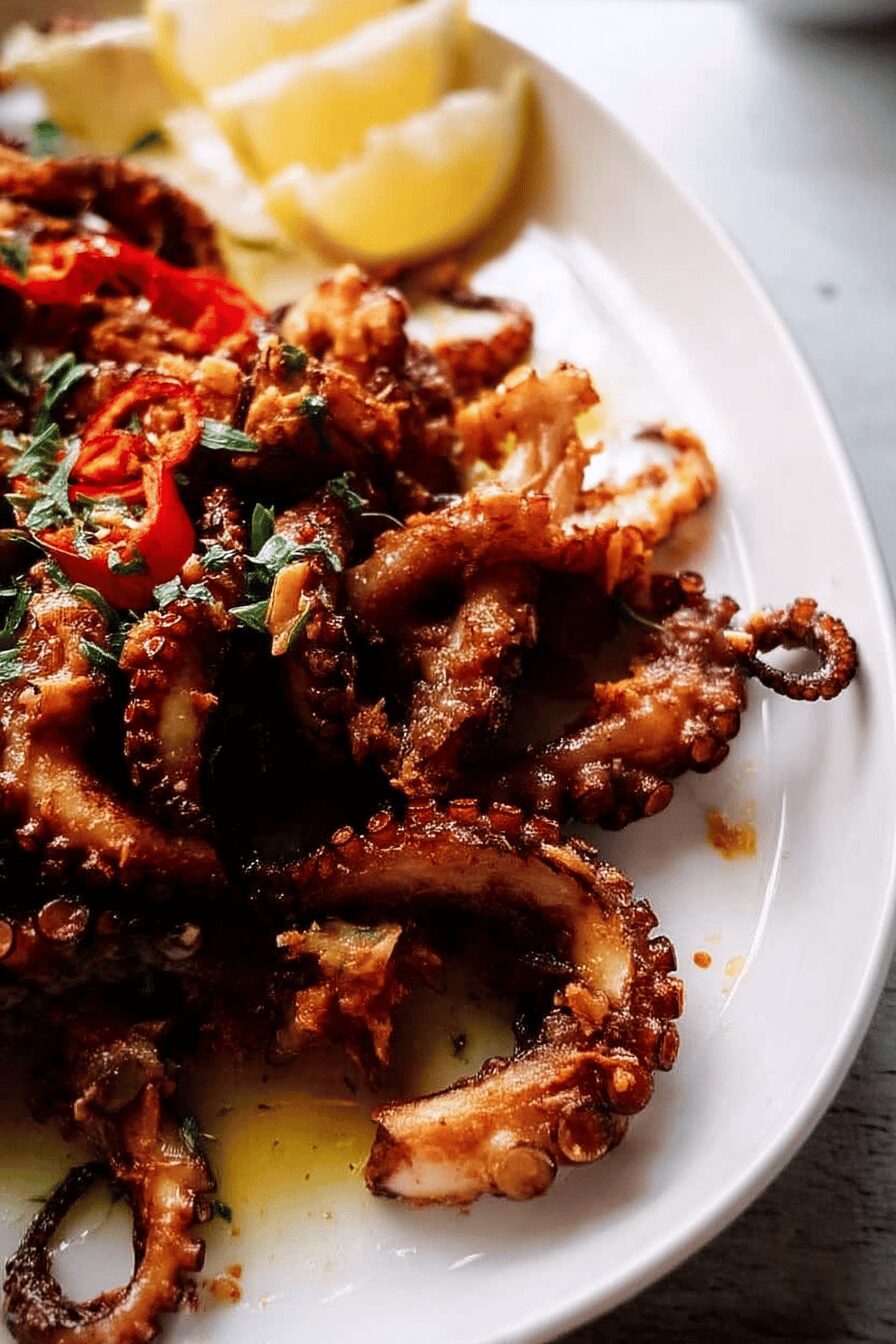 Crispy Marinated Baby Octopus with Steak and Shrimp Stir Fry