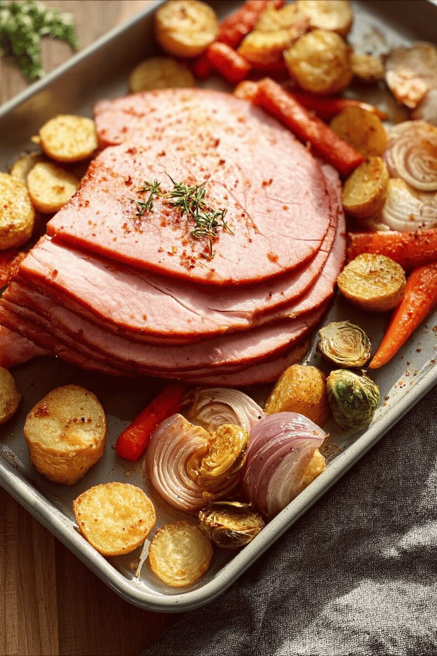 Sliced Ham with Roasted Vegetables and Shrimp Stir Fry